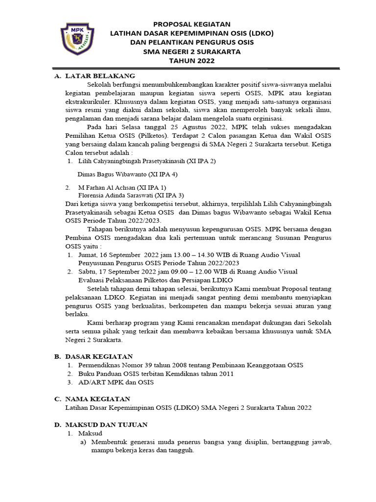 Proposal LDKO dan Pelantikan OSIS 2022 | PDF | Karier & Perkembangan ...