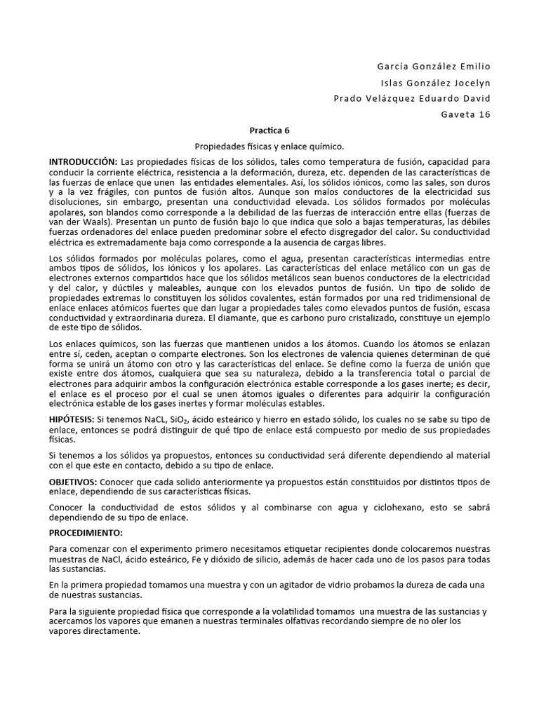 Práctica VI & V, Enlace Químico | PDF | Enlace químico | Química