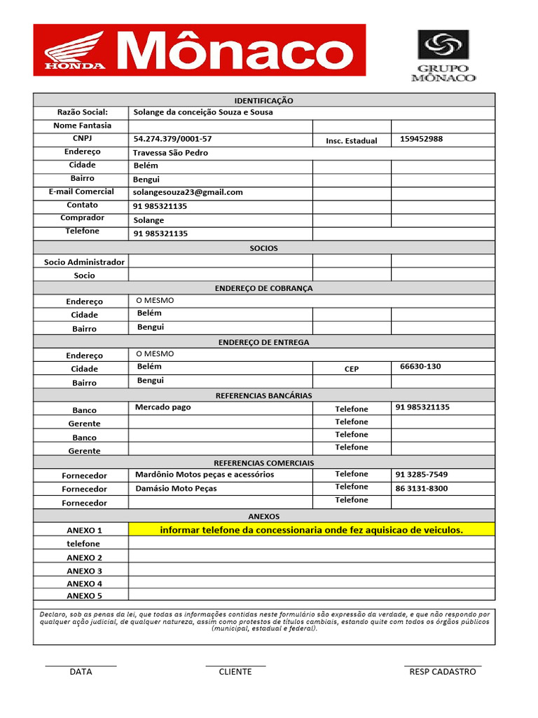 Ficha Cadastral PJ MONACO PDF | PDF