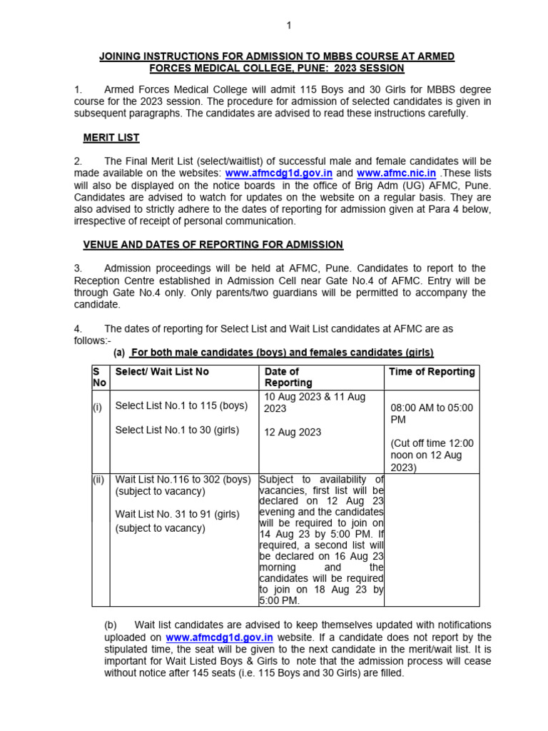 Joining Instructionsforadmissionto MBBScourse 2023 at AFMC | PDF ...