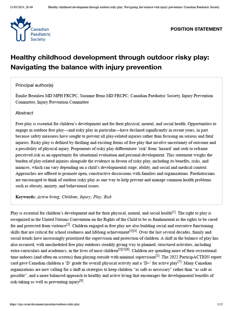 Healthy childhood development through outdoor risky play | PDF | Risk ...