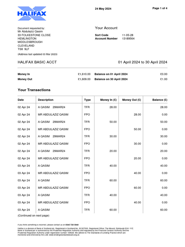 Halifax Basic Account Statement April 2024 | PDF | Banks | Business