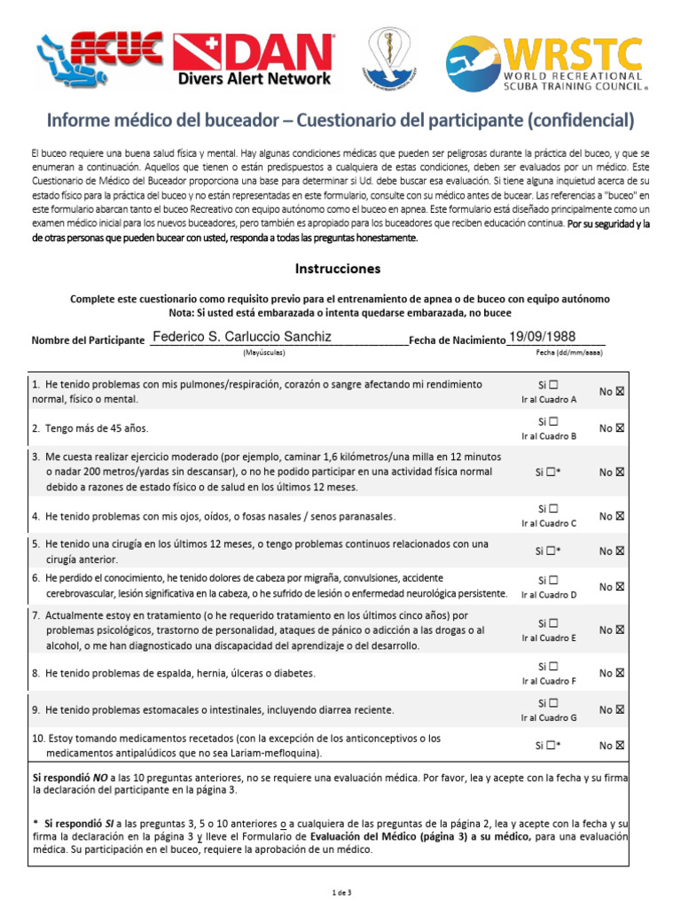 WRSTC ACUC Diver Medical Form 2022 Spanish | PDF | Corazón | Psiquiatría
