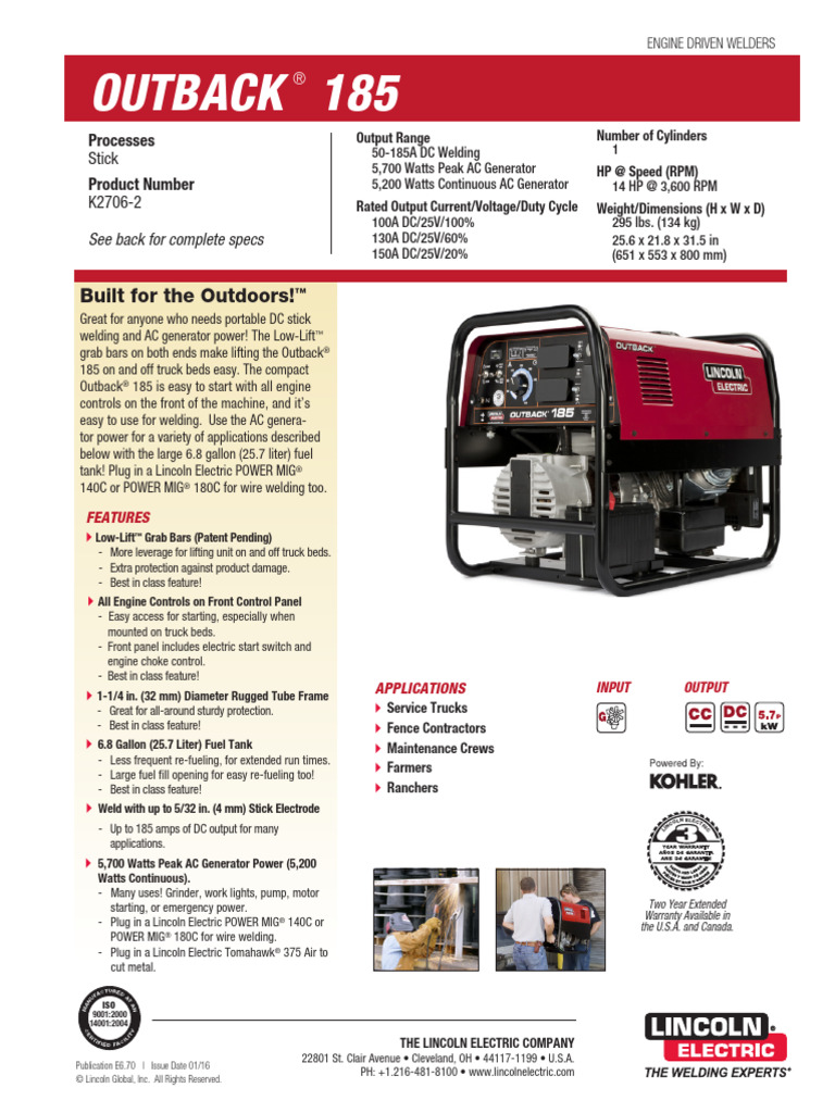 Outback 185 Engine Driven Welder Kohler | PDF | Mains Electricity | Welding