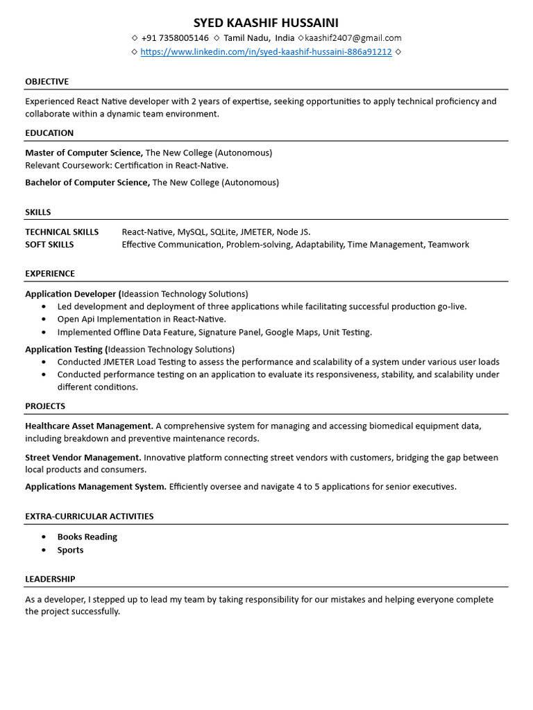 React Native Developer Resume | PDF