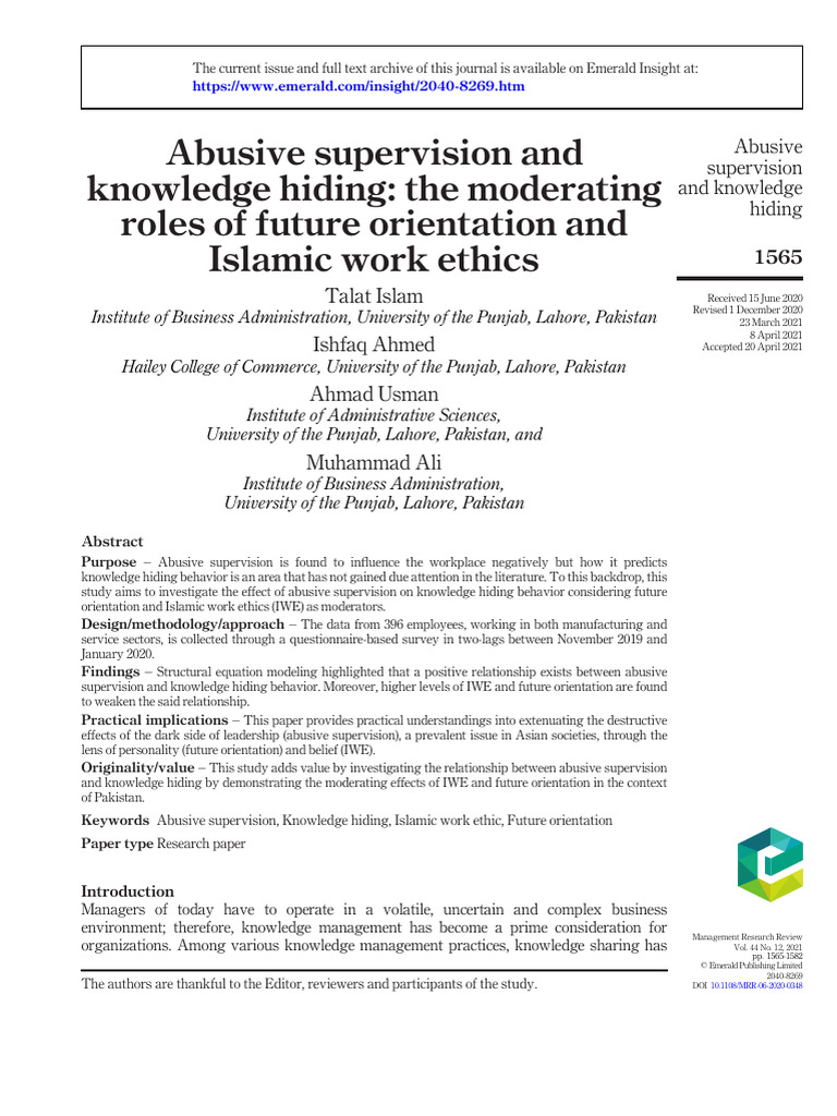 Abusive Supervision and Knowledge Hiding the Moderating Roles of Future Orientation and Islamic ...