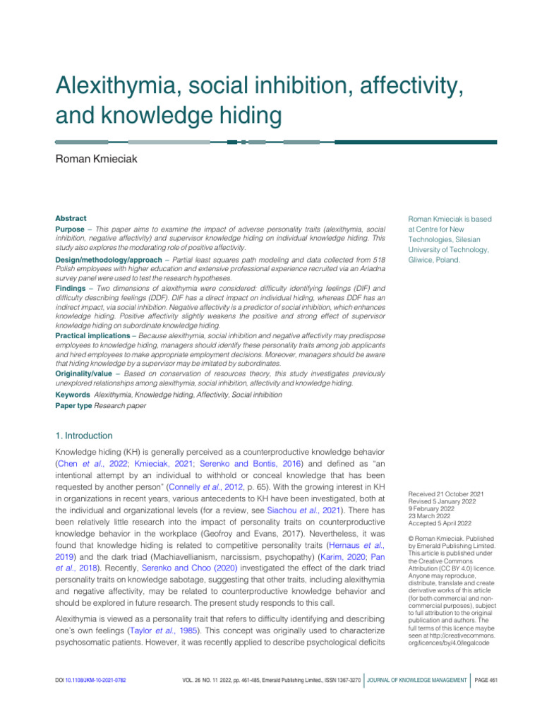 Alexithymia Social Inhibition Affectivity and Knowledge Hiding 2022 ...