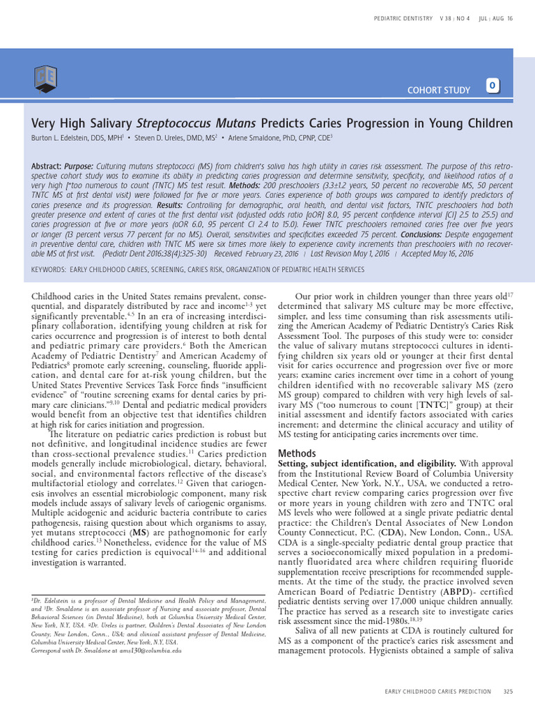 1.edelstein BL, Ureles SD, Smaldone A. Very High Salivary Streptococcus ...