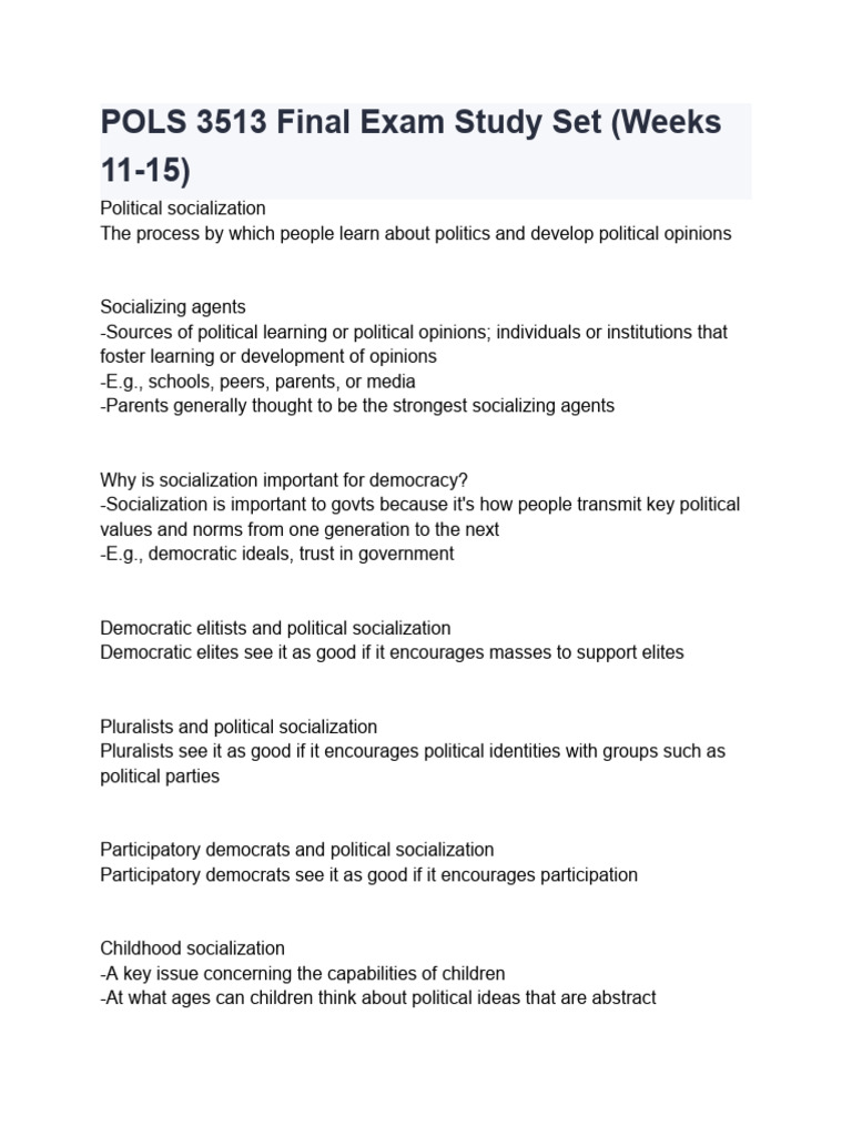 POLS 3513 Final Exam Study Set (Weeks 11-15) | PDF | Attitude (Psychology) | Twin