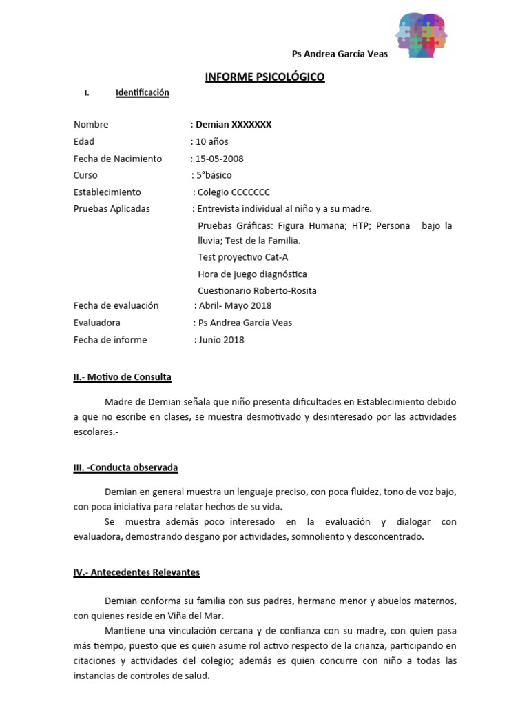 Ejemplo INFORME PSICOLÓGICO Clinico | PDF | Las emociones | Motivación