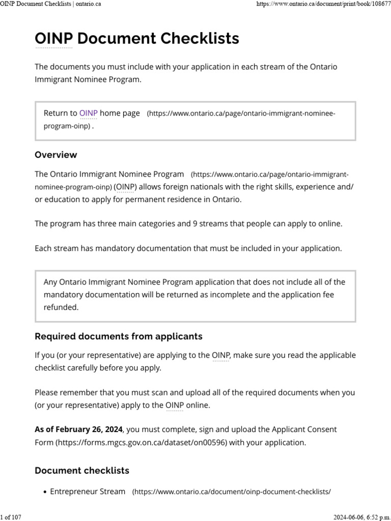 OINP Document Checklists - Ontario - Ca | PDF | Travel Visa | Passport