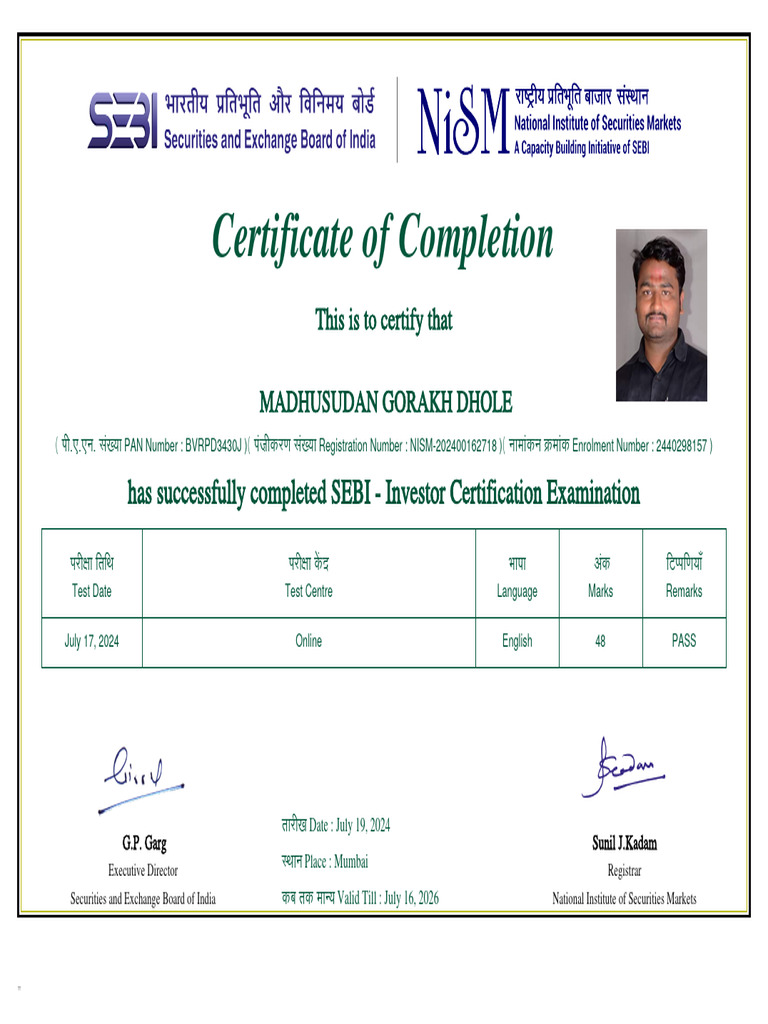 Certificate of Completion: Has Successfully Completed SEBI - Investor ...