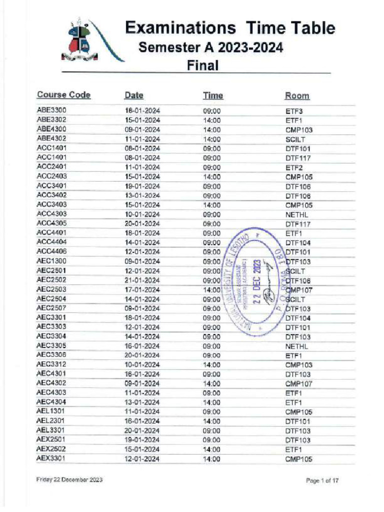 2023 - 2024 Semester A Exams Timetable - Final | PDF