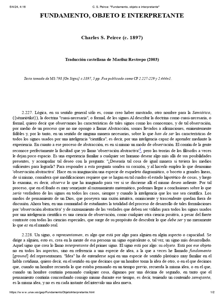 C. S. Peirce - Fundamento, Objeto e Interpretante | PDF | Charles ...