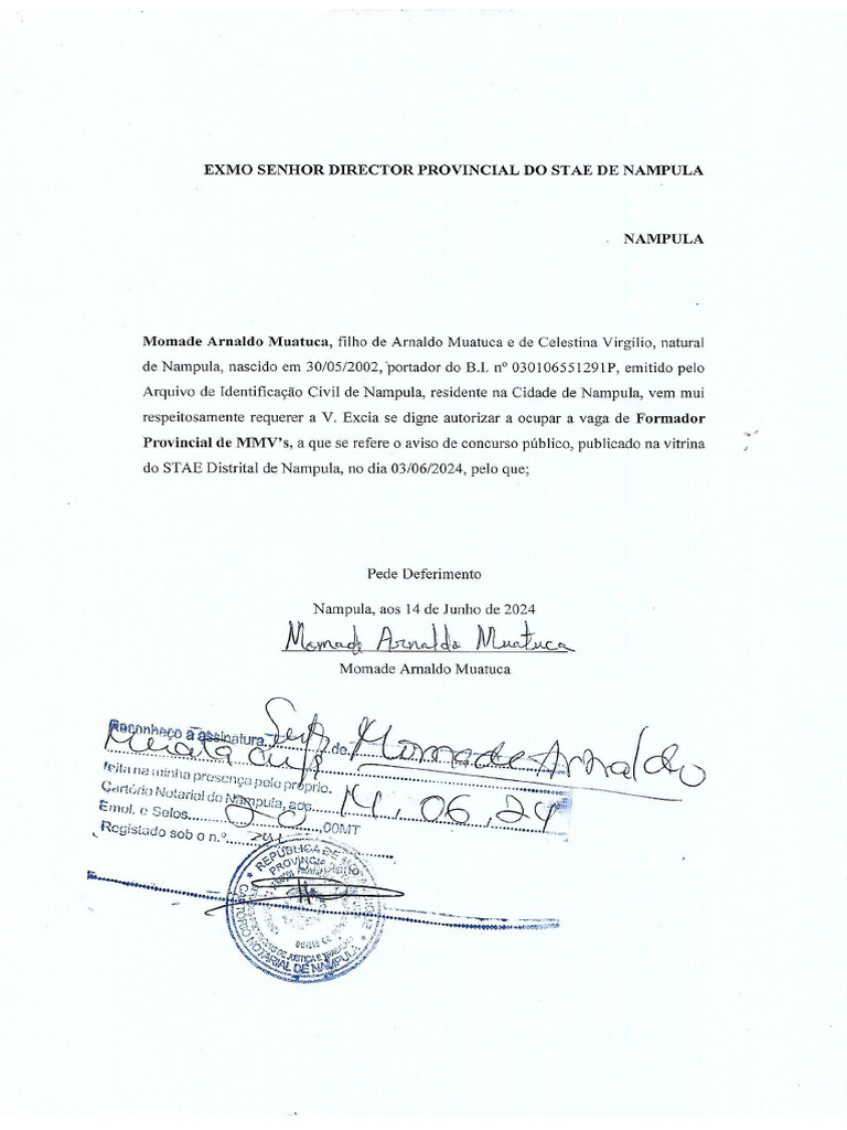 Req, B.I, Nuit, Decl. Notas, Decl de Honra, CV Momade | PDF | Contabilidade