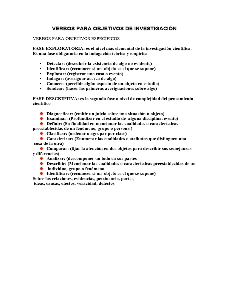 Verbos para Objetivos ESPECIFICOS | PDF
