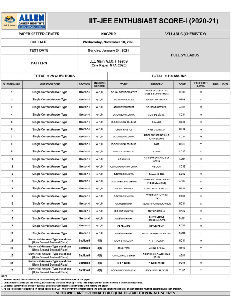 Chemistry Score-1 Paper JEE-Main Test Slip | PDF | Amine | Organic ...