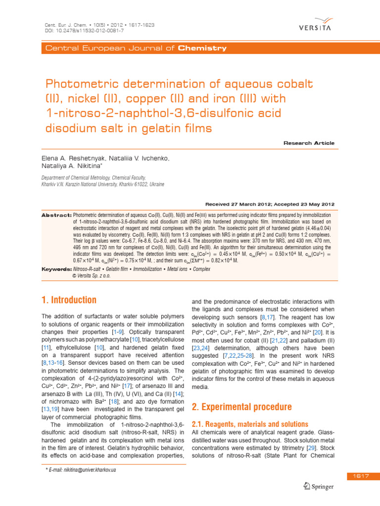 Photometric Determination of Aqueous Cobalt II Nickel II Copper II and ...