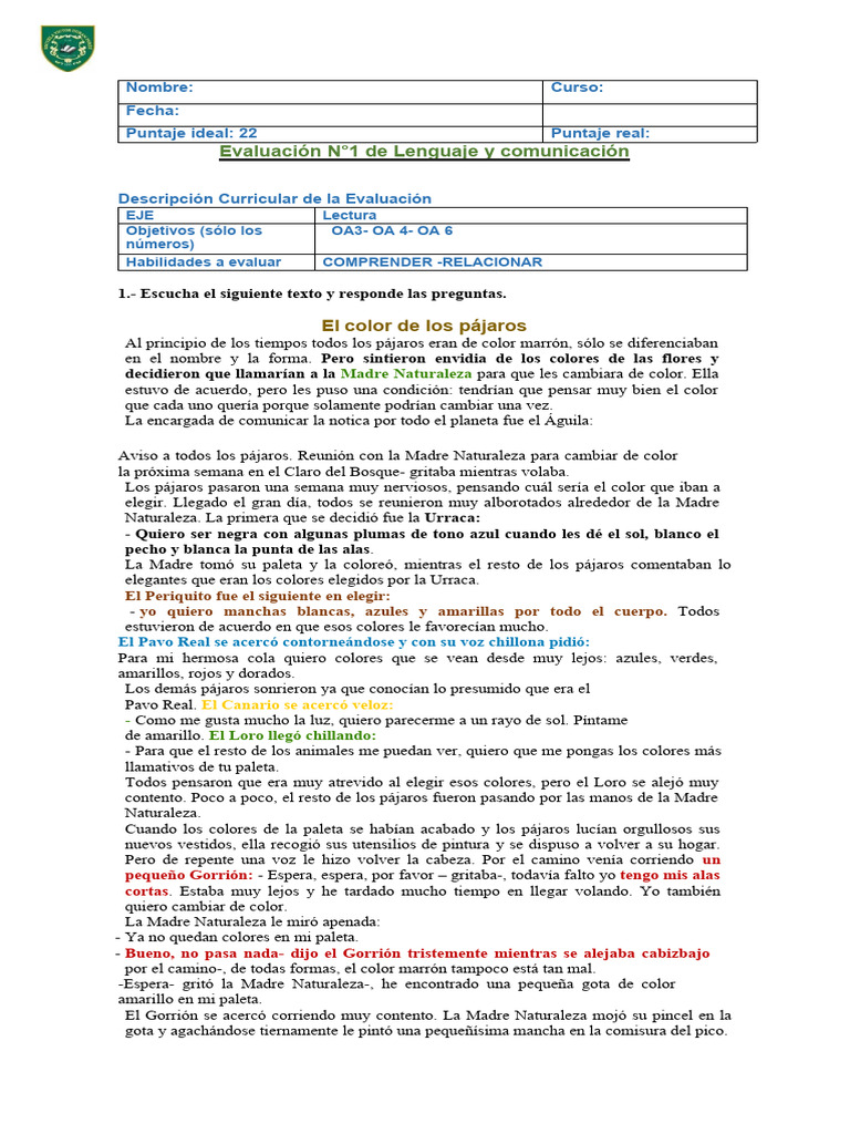 AC Prueba Lenguaje Simmón | PDF | Color