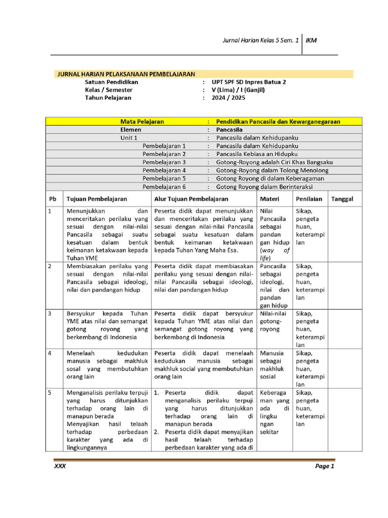 Contoh JURNAL HARIAN MERDEKA KLS V SMS 1 | PDF