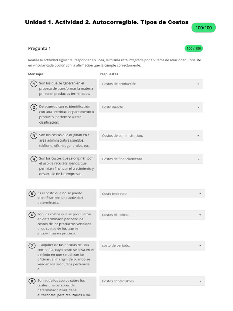 Unidad 1. Actividad 2. Autocorregible. Tipos de Costos | PDF
