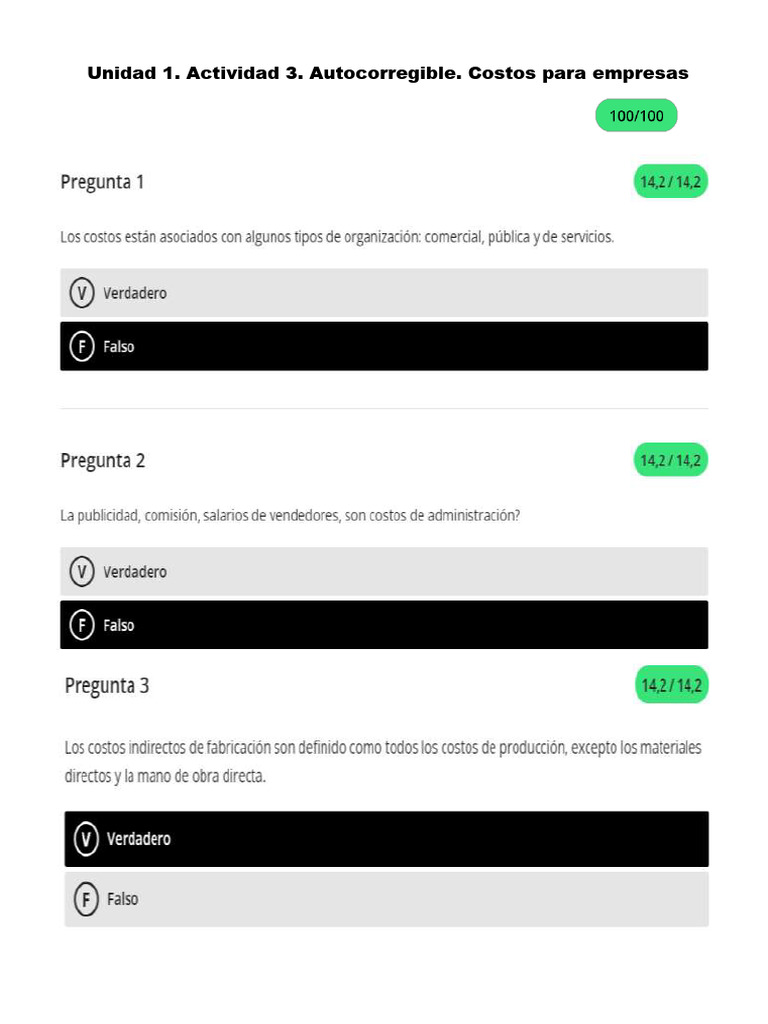 Unidad 1. Actividad 3. Autocorregible. Costos para Empresas | PDF
