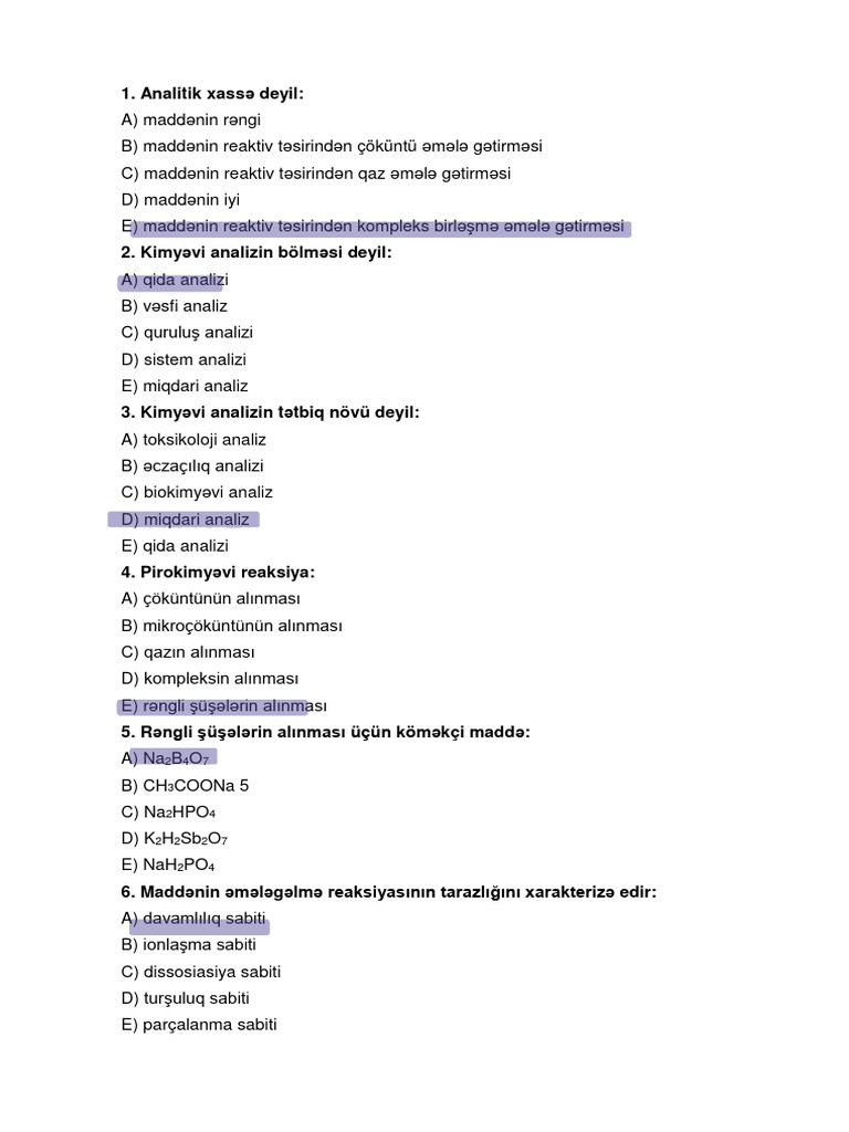 Analitik Kimya-1 Baza (100 Sual) (2022 Yaz) - Copy - 220615 - 110744 | PDF