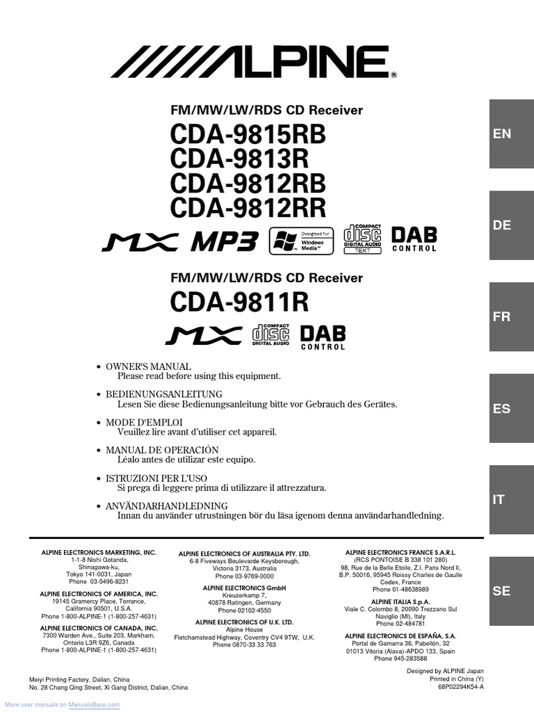 Alpine CDA-9815RB User Manual | PDF | Compact Disc | Equalization (Audio)