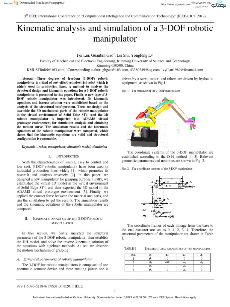 Kinematic Analysis and Simulation of A 3-DOF Robotic Manipulator | PDF | Kinematics | Robotics