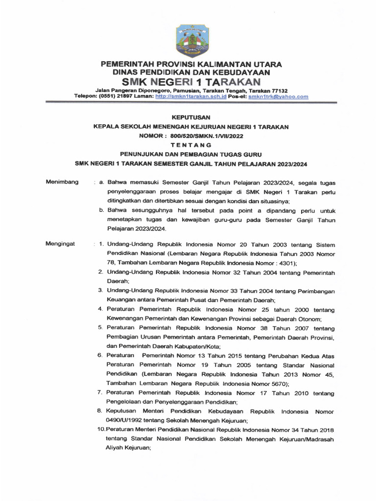 SK Pembagian Tugas Guru Semester Ganjil TP 2023-2024 | PDF