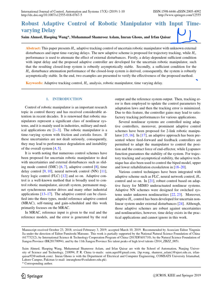 Robust Adaptive Control of Robotic Manipulator With Input Timevarying Delay | PDF | Control ...