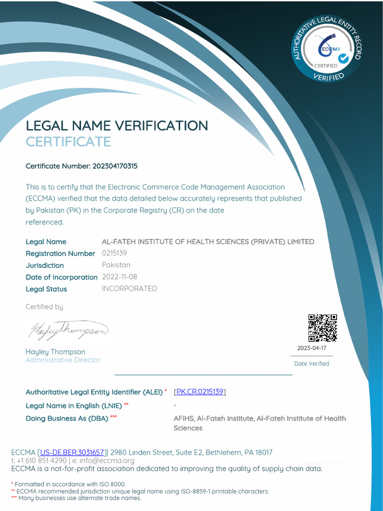 Legal Name Verification: Certificate | PDF