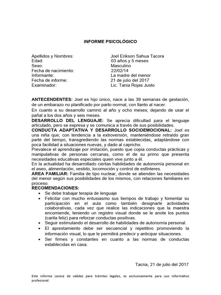 INFORME PSICOLÓGICO | Descargar gratis PDF | Comportamiento | Ciencias del comportamiento