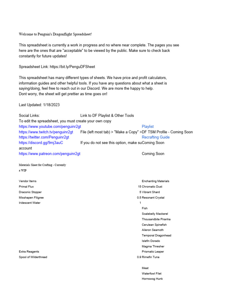 Penguin's Dragonflight Spreadsheet Guide | PDF