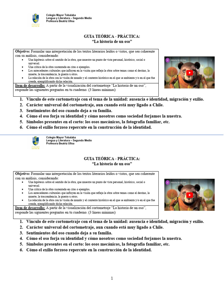 Guia Cortometraje La Historia de Un Oso | PDF | Educación en artes ...