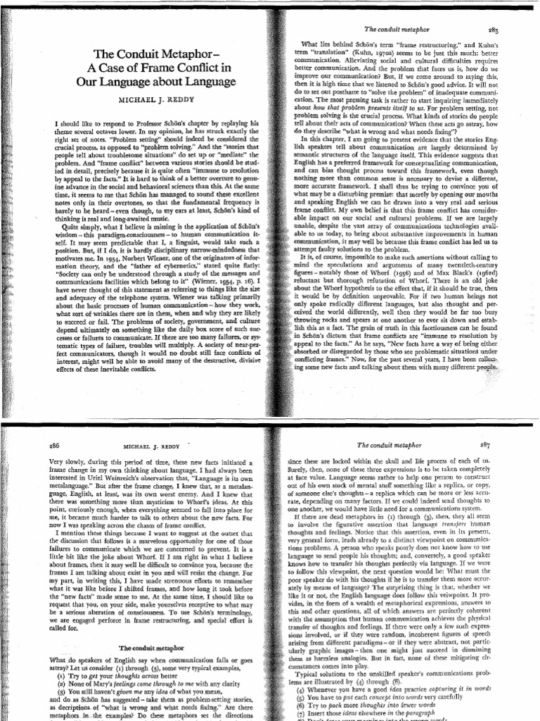 Reddy (1979) TheConduitMetaphor | PDF | Thought | Communication