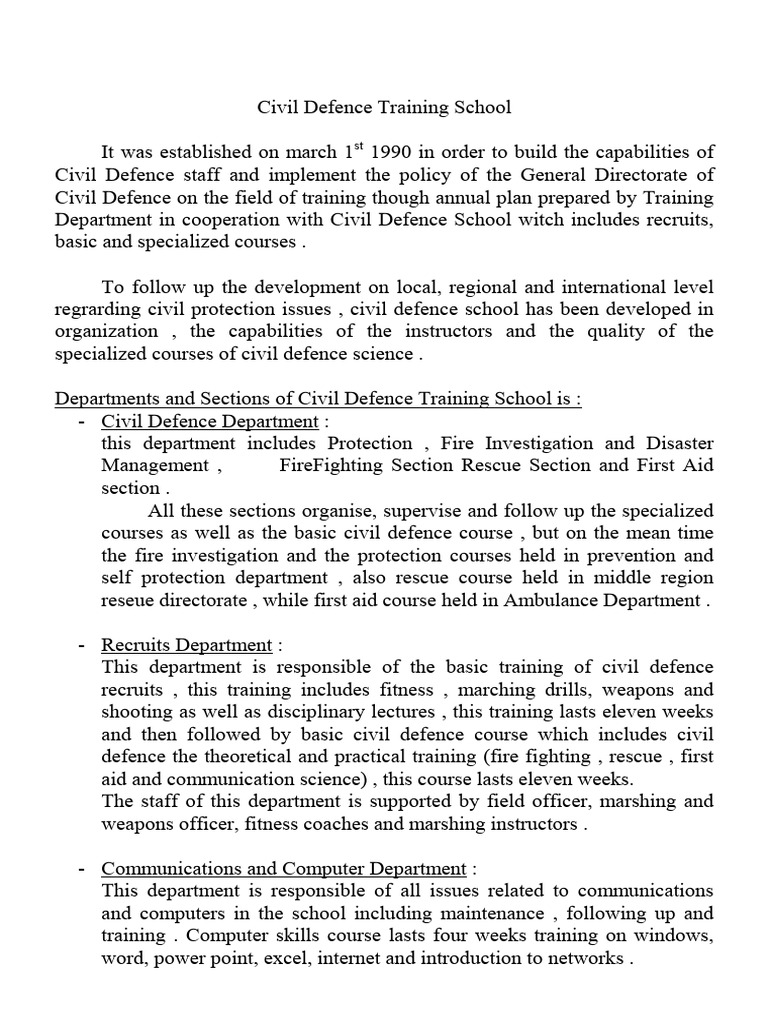Civil Defence Training School Overview | PDF | Military | Civil Defense