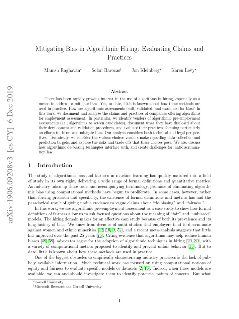 Mitigating Bias in Algorithmic Hiring Evaluating Claims and Practices | PDF | Disparate Impact ...