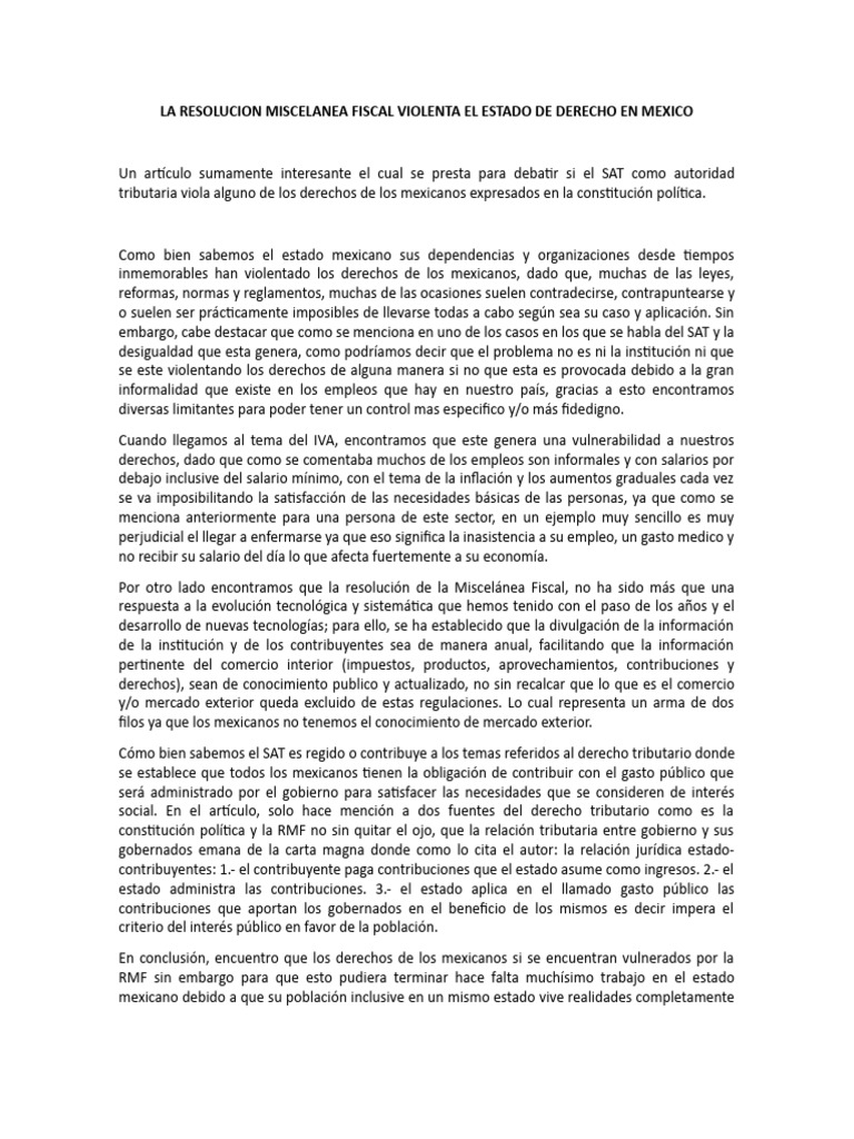 La Resolucion Miscelanea Fiscal Violenta El Estado de Derecho en Mexico | PDF | Estado (política ...