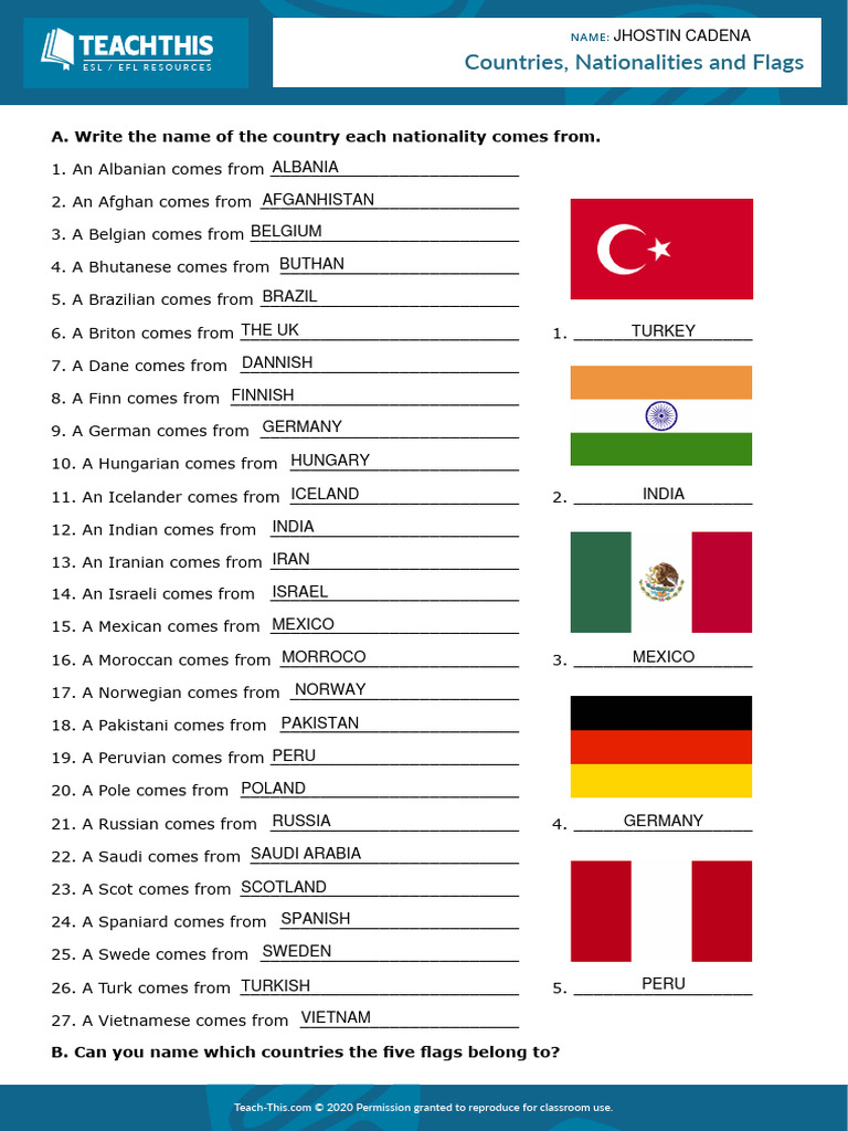 Countries Nationalities and Flags Interactive Worksheet-1 | PDF | Europe