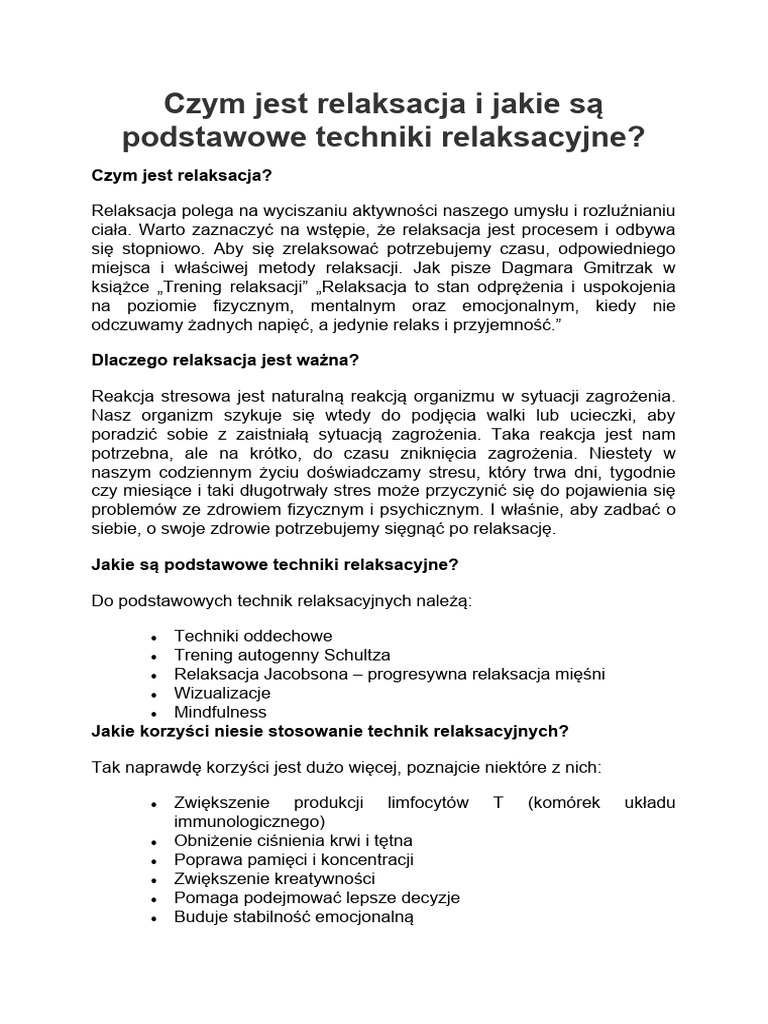 Czym Jest Relaksacja I Jakie Są Podstawowe Techniki Relaksacyjne | PDF