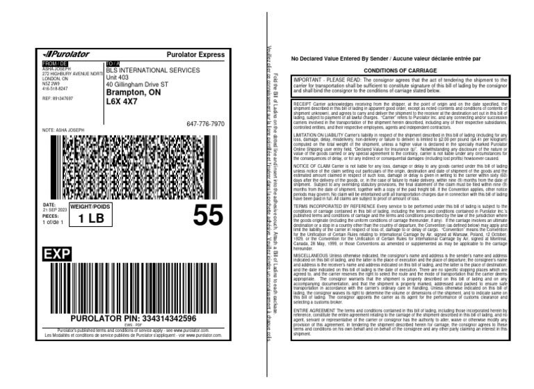 Purolator Label | PDF | Cargo | Bill Of Lading