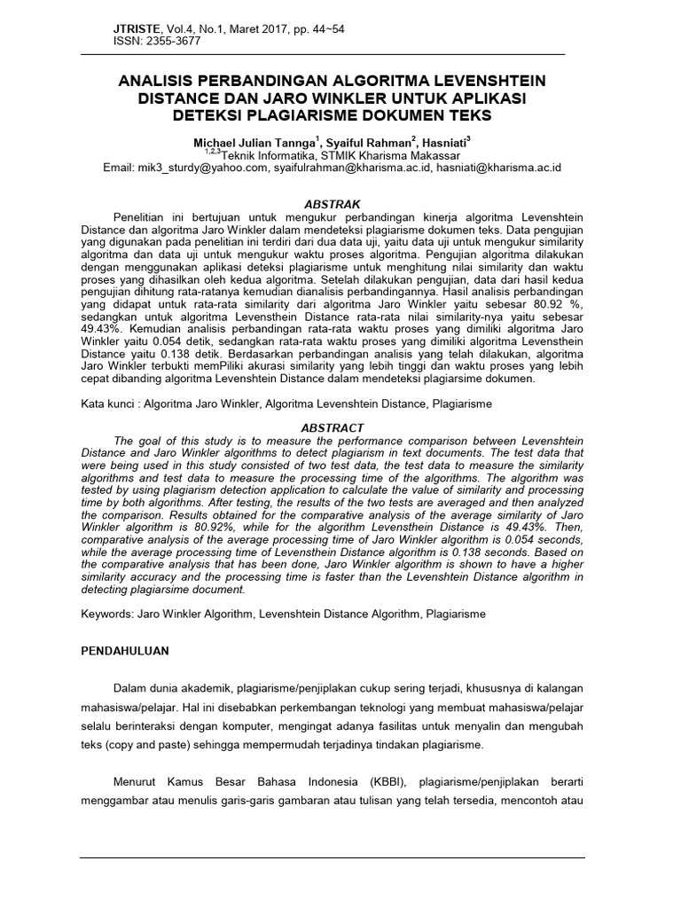 2017 - Analisis Perbandingan Algoritma Levenshtein Distance Dan Jaro Winkler Untuk ...