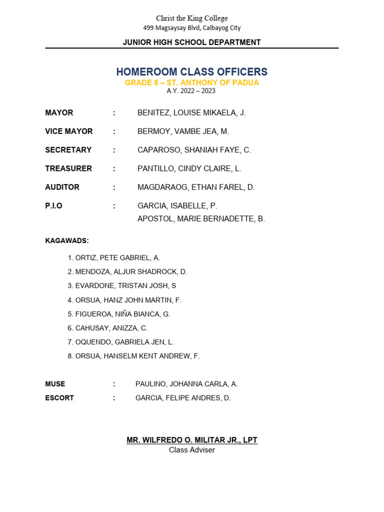 Grade 8 Class Officers 2022-2023 | PDF | Government