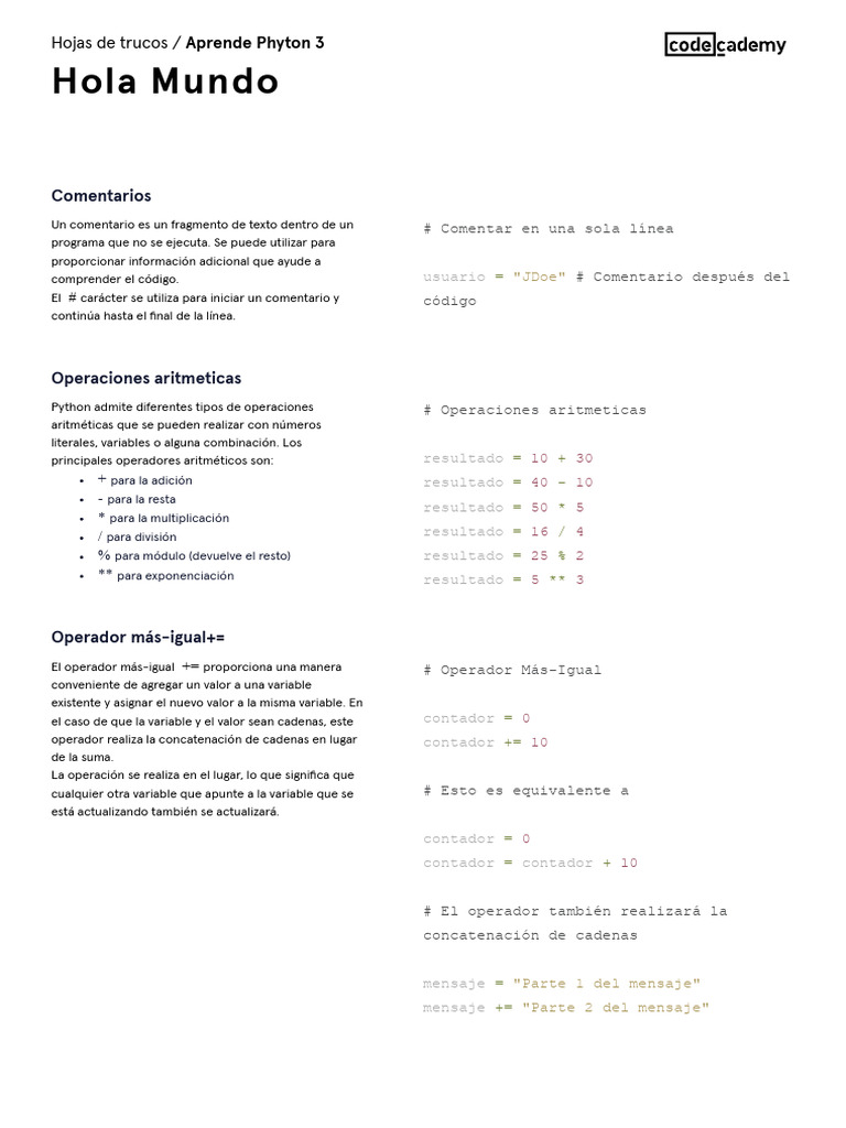 Learn Python 3 - Hello World Cheatsheet - Codecademy | PDF | Python ...