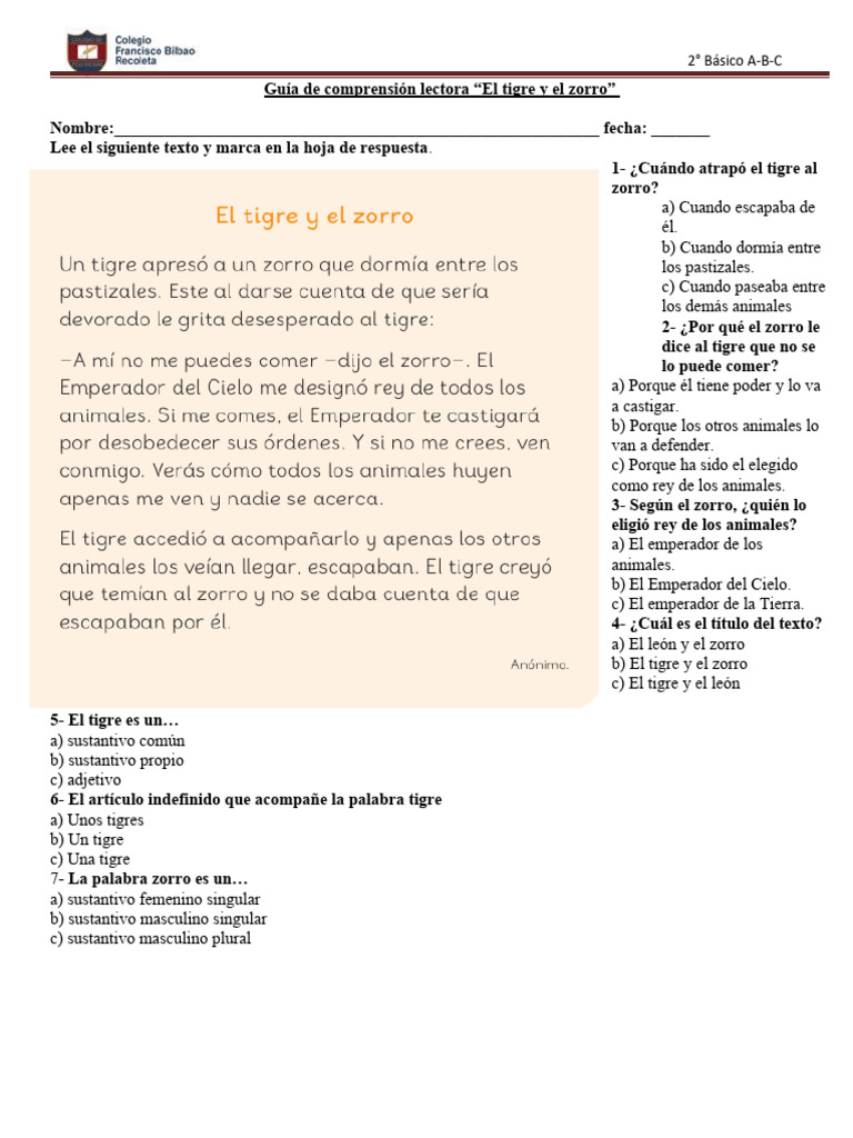 Guía Comprensión Lectora: Tigre y Zorro | PDF | Sustantivo | Morfología