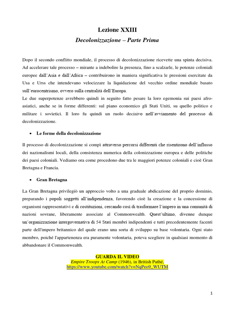 Lezione Xxiii Decolonizzazione Parte Prima - Dispense | PDF