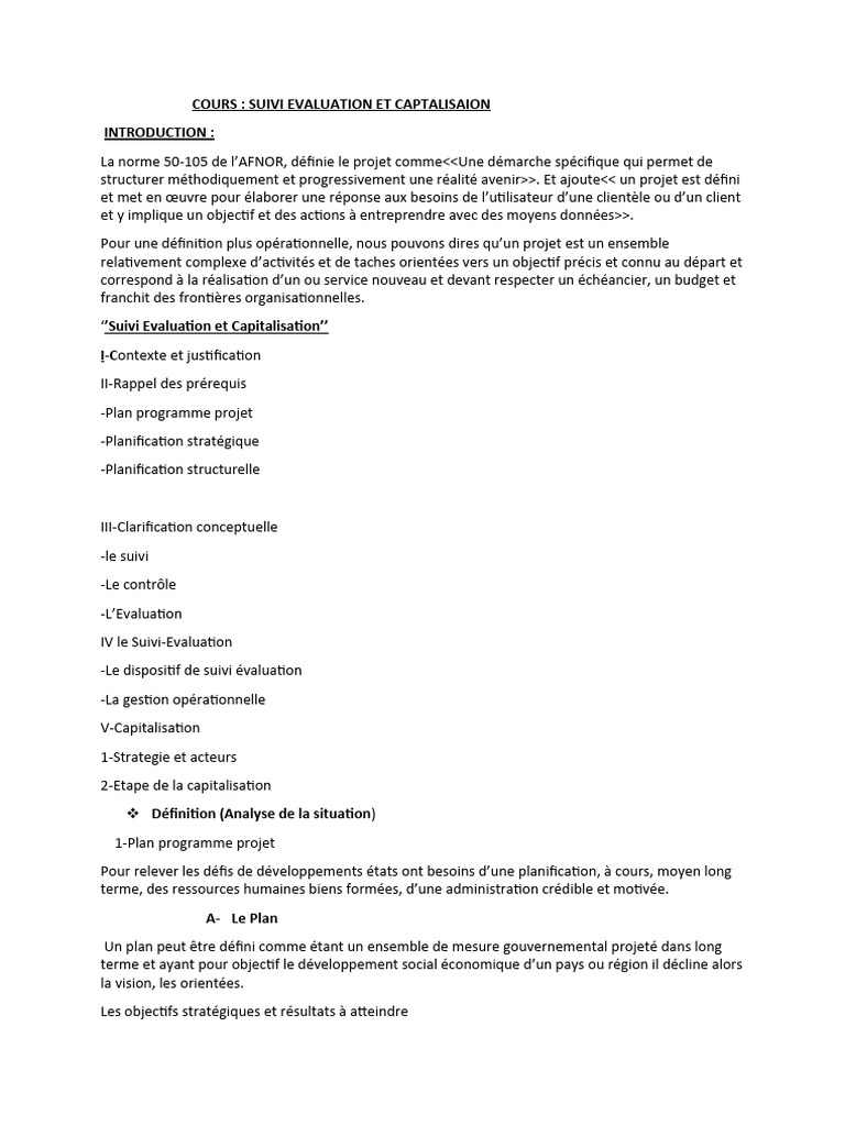 COURS Suivi Evaluation Et Capitalisation | PDF | Analyse politique | Planification