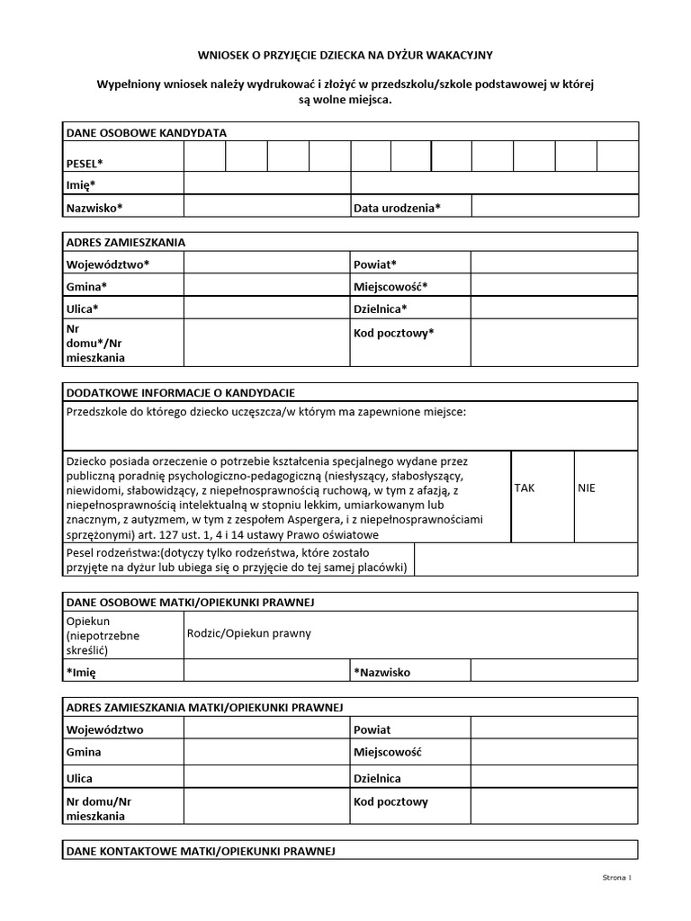 Wniosek o Przyjecie Na Dyzur Wakacyjny - Rekrutacja Uzupelniajaca | PDF